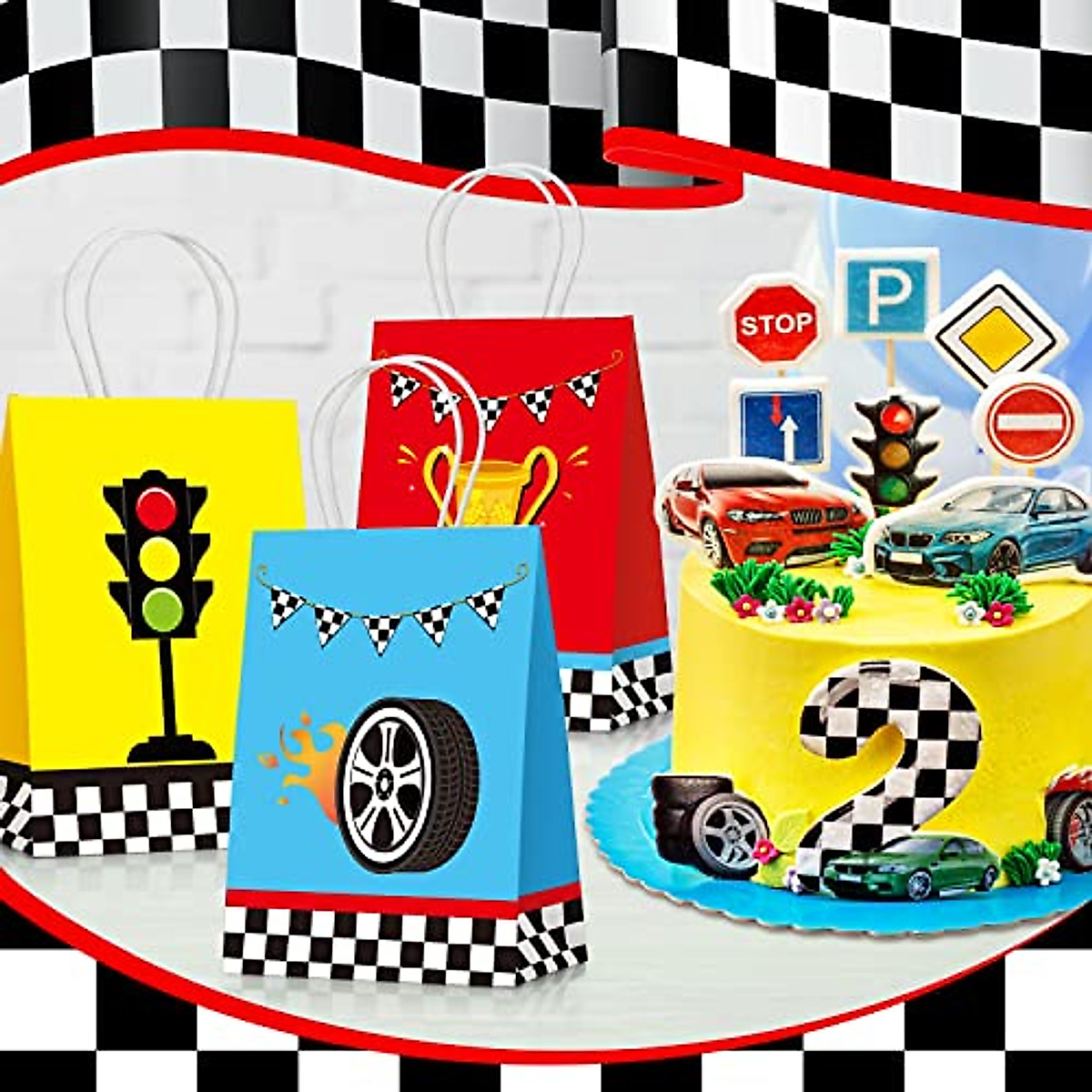 24 Pieces Race Car Party Bags Race Car Party Supplies Goodie Gift Bags Treat Bags with Handles for Checkered Flag Birthday Race Car Theme Party Decorations Boy Gifts
