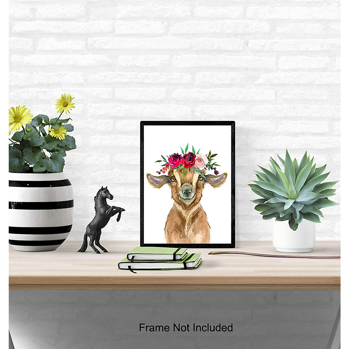 Cute Baby Goat w/Flower Crown Wall Art Home Decor - Decoration for Girls or Boys Bedroom, Nursery, Kids Room, Playroom, Preschool, Daycare - Farmhouse, Farm Theme Gift - Baby Animals Picture Print