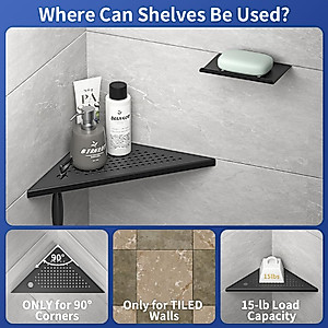 Bernkot 10'' Corner Shower Shelf w/Soap Holder, 304 Stainless Steel Grout in Shelf for Bathroom, Recessed Shelf Rack for Tiled Wall, No Drilling Needed (Black)