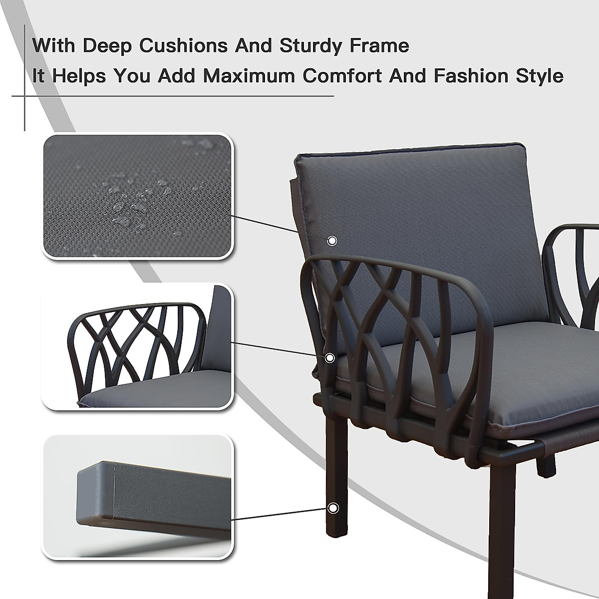 Domi Outdoor Chairs Set of 2 with Side Table, All-Weather Modern Plastic Metal Dining Chairs Patio Furniture with Arms & Removable Gray Cushions for for Balcony, Backyard, Pool, Porch