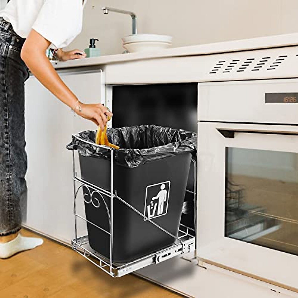 Ormeli Pull Out Trash Can Under Cabinet, Adjustable Garbage SlideOut Shelf for Kitchen, Roll-Out Sliding Rack for Waste Can Under Kitchen Sink/Panty, Trash Can Not Included