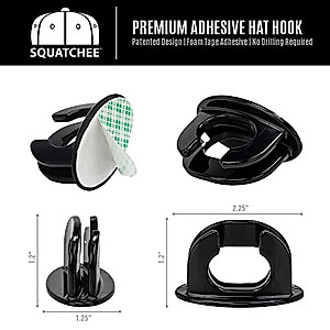 Squatchee Premium Adhesive Hat Hooks for Wall (5-Pack) | Hat Rack for Baseball Caps | Hat Display Holders | Hat Hangers for Closet & Doors | Hat Organization & Storage | Patented Design | Black