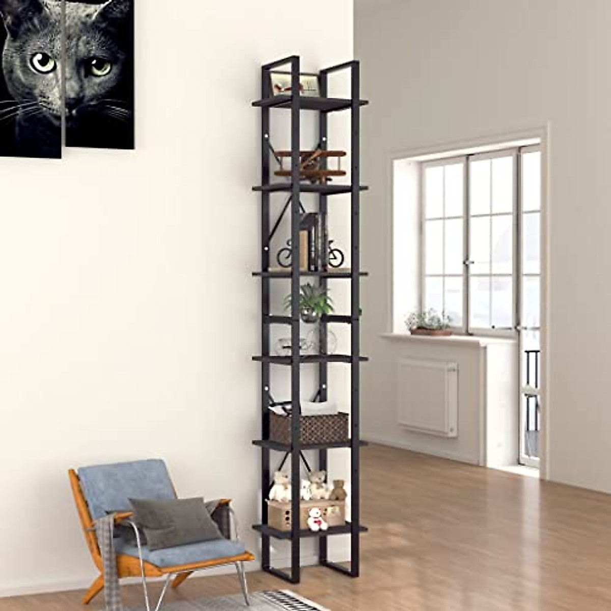 QZZCED 6-Tier Book Cabinet,Corner Bookshelf,Narrow Bookcase,Living Room Bookshelf,Office Bookshelf,for Living Room, Bedroom, Study, Hallway, Gray 15.7"x11.8"x82.7" Chipboard