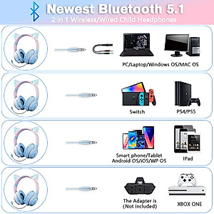 QearFun Car Ear Bluetooth Headphones Foldable, 7 Colors Led Light Up Kids Adults Girls Over Ear Wireless Headphones with Built-in Mic & 3.5mm Jack, Cat Gaming Headset for iPad/Tablet/PS4/PS5 Purple