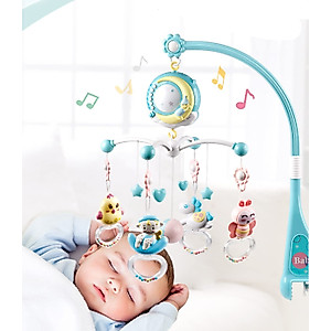 Baby Music Crib Movement, Projection Function and Night Light, Hanging Removable Teether Rattle and 150 Melody Music Box with Remote Control, Newborn Toy for 0-24 Months (Blue)
