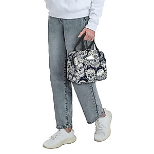 Duduho Floral Sugar Skull Lunch Bag Compact Halloween Tote Bag Reusable Lunch Box Container For Women Men School Office Work