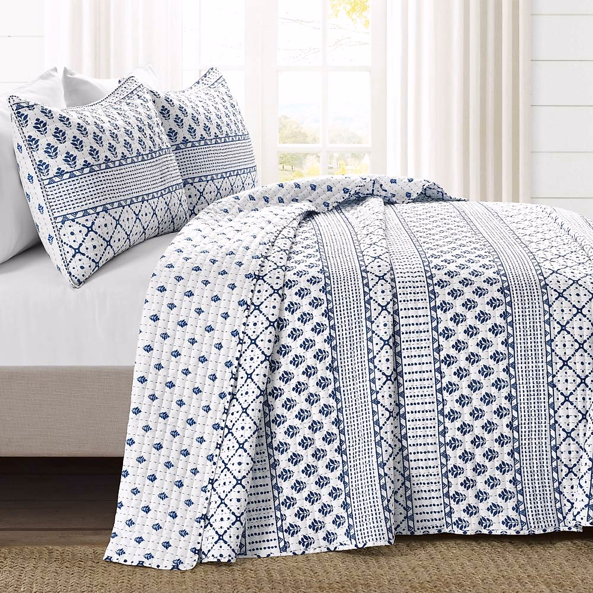 Lush Decor Monique Stripe Navy and White 3 Piece Quilt Set, King - Includes 2 Matching Pillow Shams