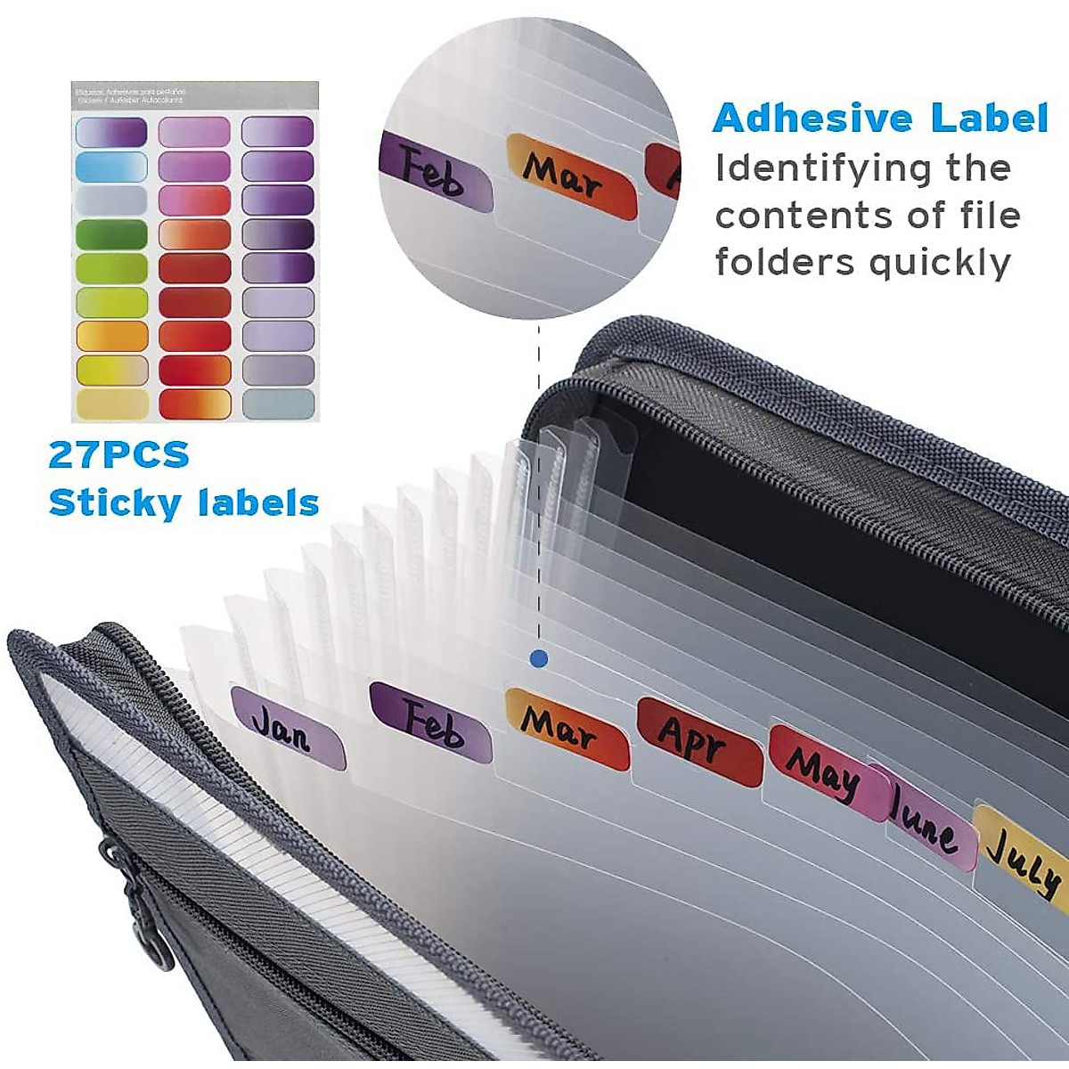 Sooez 13 Pocket Expanding File Folder with Zipper Closure, Accordion File Folder Document Organizer Expanding Zip File Folder with Sticky Labels, Letter A4 Paper Document Accordion Folder, Black