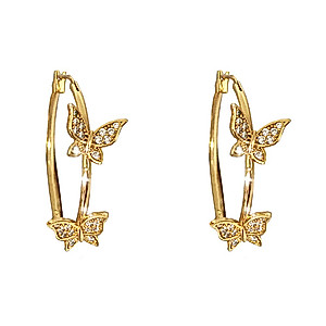 Double CZ Butterfly Dangle Hoop Earrings for Women Girls Cubic Zirconia Big Gold Hoops Click Top Lever-back Clasp Earring Dainty Huggie Mother's Day Christmas Jewelry for Wedding Party Prom