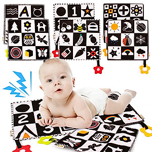 Tummy Time Play Mat, High Contrast Baby Toys,Black and White Activity Mat with Teether for Babies 0+ Months,0+Months Infant Early Educational Crinkle Toys,Baby Boy Sensory Learning Toys - Pack of 3