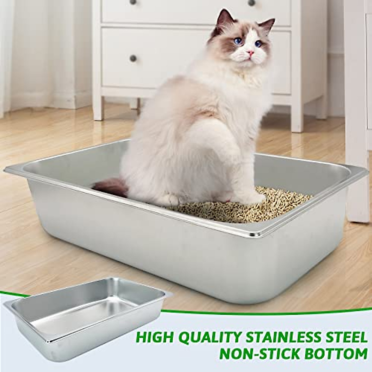 Fhiny Stainless Steel Litter Box for Cat, Large Size With High Sides and Non Slip Rubber Feet Cat Toilet Non Stick Smooth Surface Litter Pan Never Absorbs Odors Stains or Rusts Durable Kitten Supplies