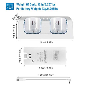 Wii Controller Charger Station, 2 in 1 Dual Charging Dock Station for Nintendo WII/WII U Controllers with Two 2800mAh Rechargeable Battery Pack White