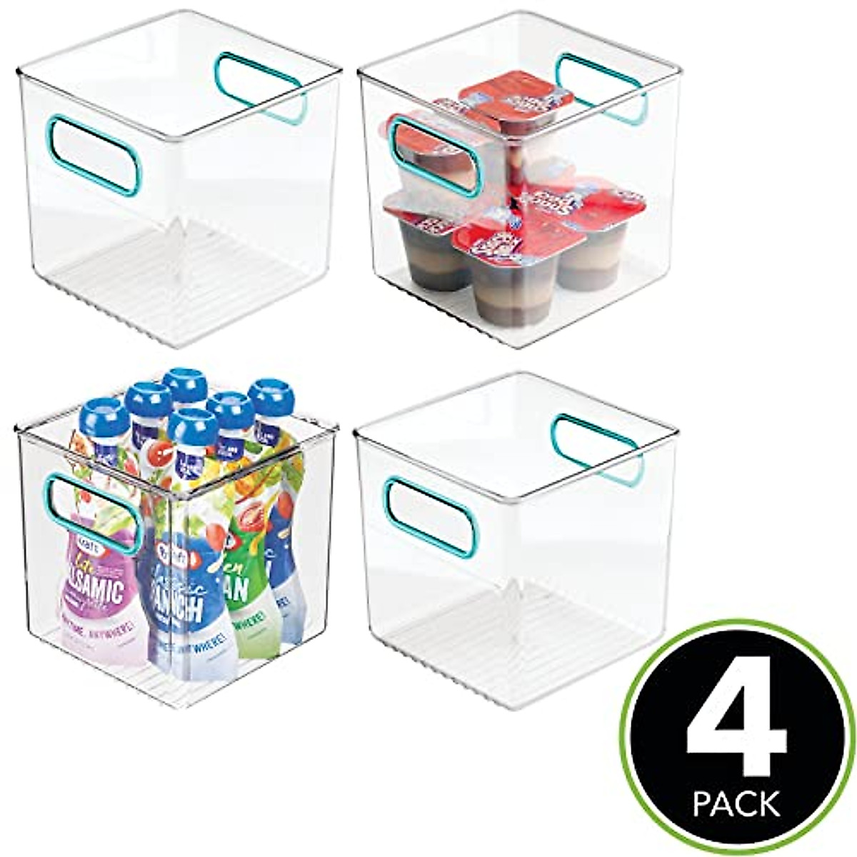 mDesign Plastic Kitchen Pantry Cabinet, Refrigerator or Freezer Food Storage Bins with Handles - Organizer for Fruit, Yogurt, Snacks, Pasta - Food Safe, BPA Free, 6" Cube, 4 Pack - Clear/Blue