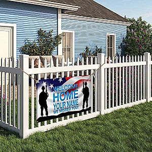 BannerBuzz Vinyl Banner, Welcome Home We Missed You Soldier, PVC Flex, 11 oz, Hemmed Edges with Grommets, Single Sided Print, Full Color 600DPI Eco Solvent Printing (10' W X 4' H)