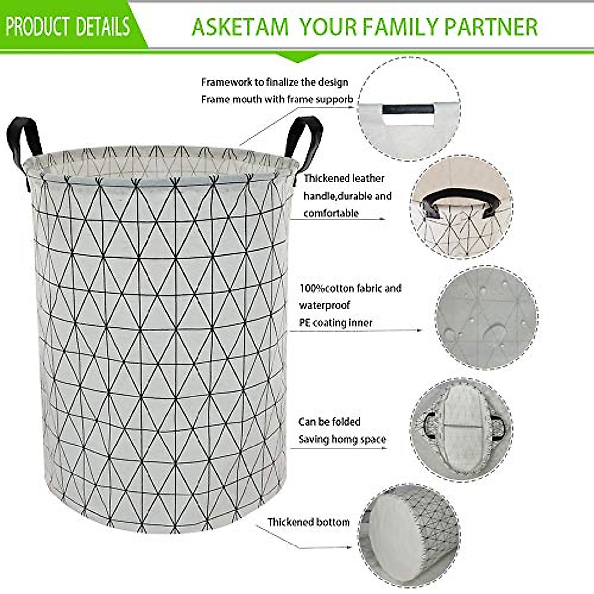 ASKETAM Fabric Laundry Basket Canvas Laundry Hamper for Dirty Clothes Toy Organizer Kid Nursery Room Decor Basket (Geometric rhombus)