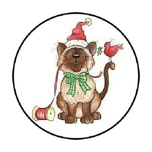 without brand Set of 48 Envelope Seals Labels Christmas CAT 1.2" Round