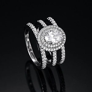 LGYIC 18K White Gold Plated Three-in-One Oval Cut Cubic Zirconia Ring Halo Wedding Engagement Bride Rings Set for Women (10)