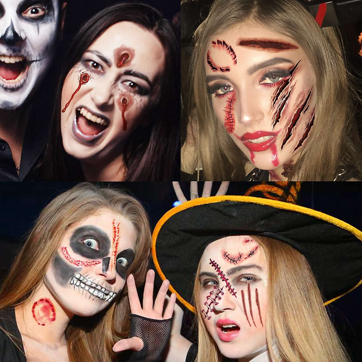 Yezunir 88+ Styles 18 Sheets 3D Halloween Temporary Tattoos For Kids Realistic Spider Web Bat Witch Pumpkin Fake Scars Tattoos Sticker Zombie Halloween Makeup Kit Women Men Adults Face Stitches Wound