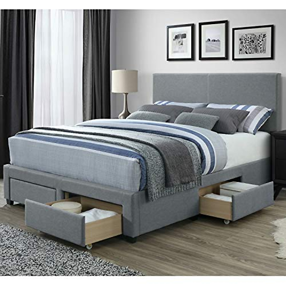 DG Casa Kelly Panel Bed Frame with Storage Drawers and Upholstered Headboard, Queen Size in Grey Linen Style Fabric