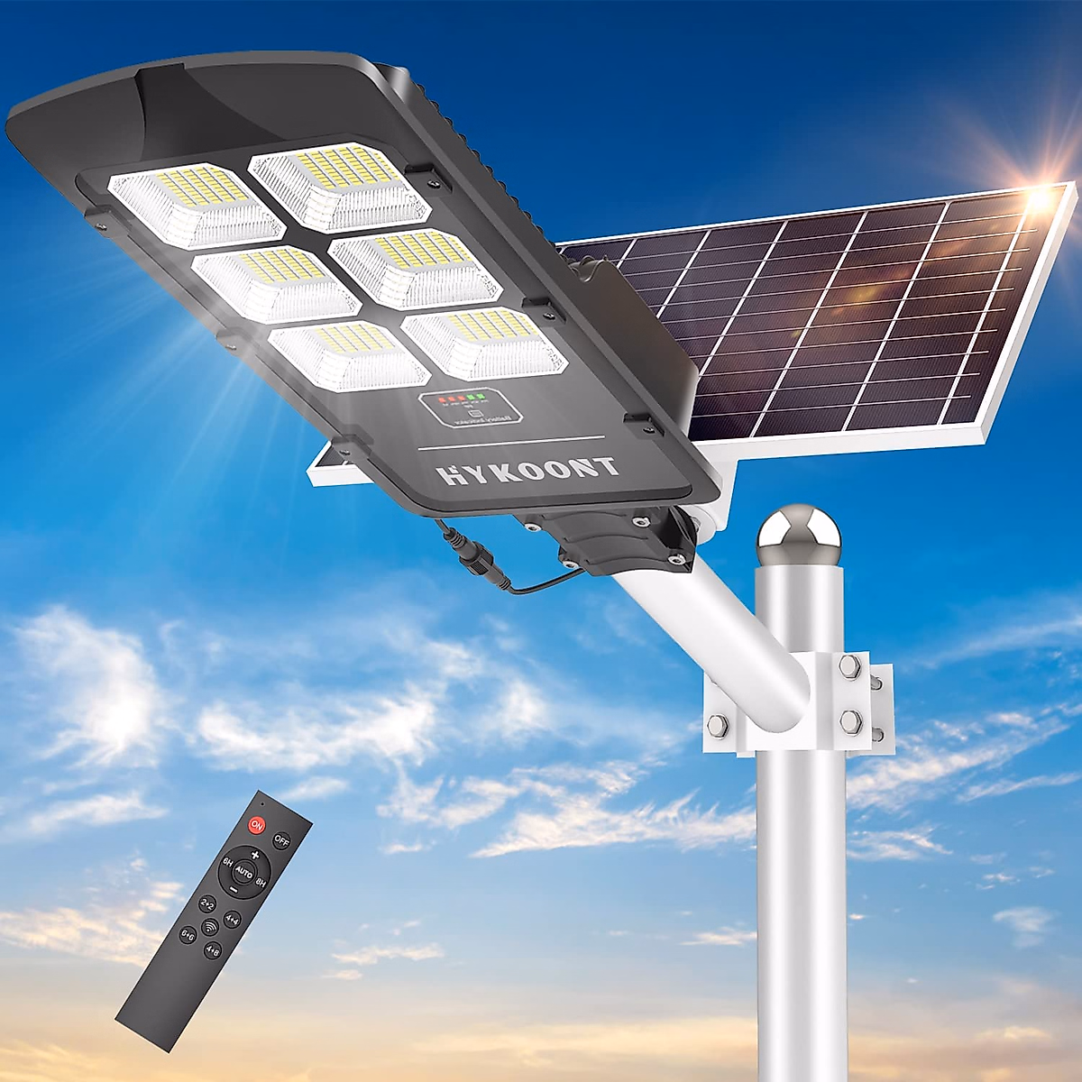 HYKOONT Solar Street Light, 1200W Solar Street Lights Outdoor Dusk to Dawn Motion Sensor IP66 Waterproof 6500K Super Bright Solar Powered Lighting for Parking Lot, Garage, Street