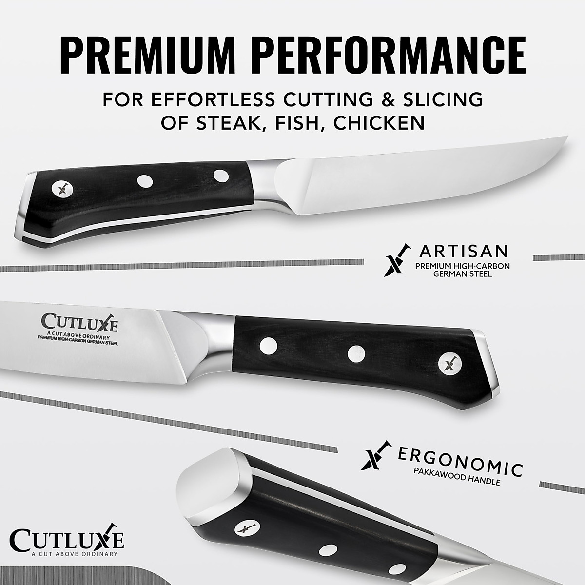 Cutluxe Steak Knives Set of 4, Straight Edge Steak Knife Set – Forged High Carbon German Steel, Full Tang, Ergonomic Handle Design – Artisan Series