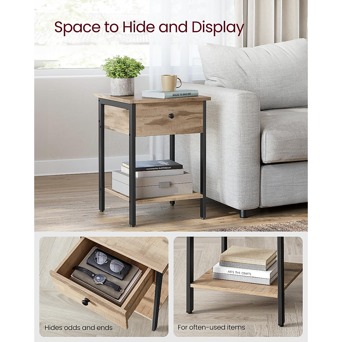 VASAGLE Nightstand, Bedside Table with Drawer, Side Table, End Table, for Bedroom, Office, Industrial, Camel Brown and Black ULET055B50