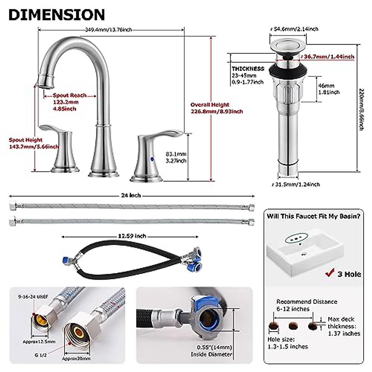 PARLOS Widespread Double Handles Bathroom Faucet with Metal Pop Up Drain and cUPC Faucet Supply Lines, Brushed Nickel, Demeter 13651