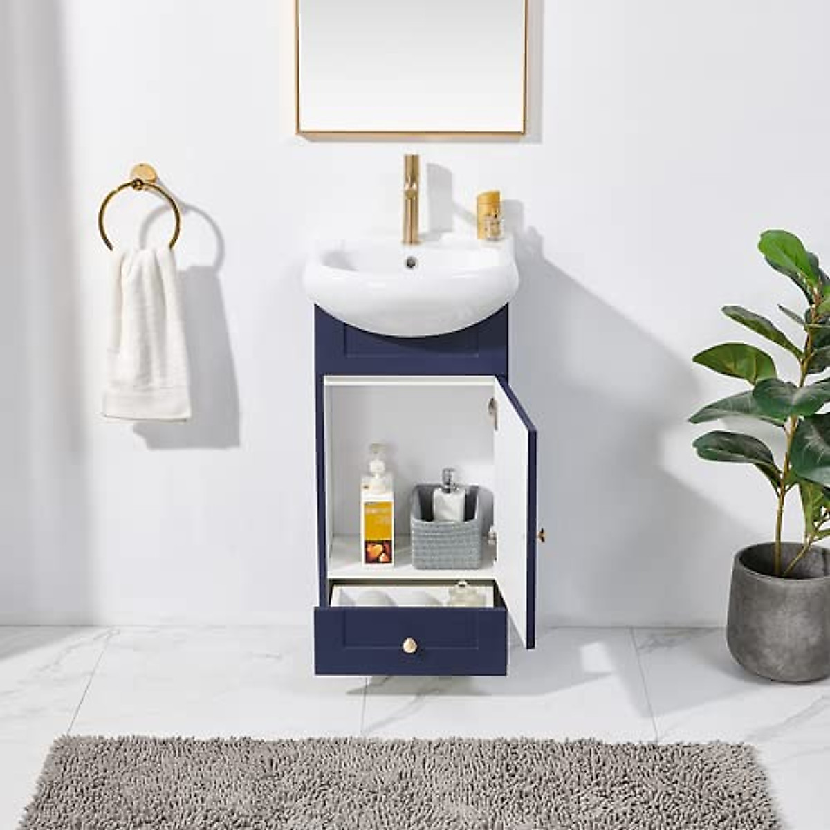 18 Inch Modern Bathroom Vanity with Sink, Blue Bath Vanity Combo, Bath Vanity with Ceramic Sink Single Bathroom Vanity Cabinet for Small Space, Bathroom Vanity Set,1 Door 1 Drawer