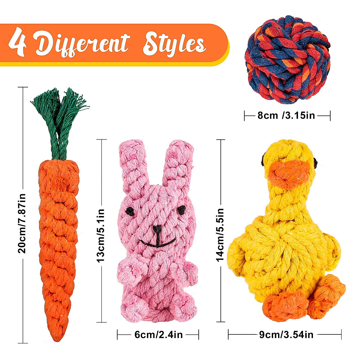 Whaline 4PCS Easter Dog Toy Kit Puppy Chew Toy Carrot Ball Rabbit Yellow Duck Cotton Rope Toy for Easter Pet Gifts Small Medium Large Dog Pets Playtime Teeth Cleaning