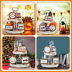 Bokon 30 Pcs Tiered Tray Decor Set for Christmas Winter Interchangeable Farmhouse Tiered Tray Decorations with Wood Frames Thanksgiving Halloween Fall Seasonal Wooden Sign for Holiday Table Home Decor