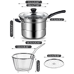 Stainless Steel Pot with Deep Fry Basket, Steamer Pot, Multipurpose Pasta Pot with Steamer Rack, Strainer Glass Lid, 3.5Quart Sauce Pan with Stay-cool Handle for Cooking Gravies, Vegetable Steamer