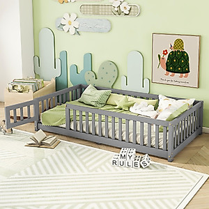 Twin Floor Bed with Slats and Center Support Bar, Montessori Floor Bed with Fence and Door, Kids Montessori Bed Twin Size, Wood Montessori Floor Bed for Kids, Girls, Boys(Twin Gray)