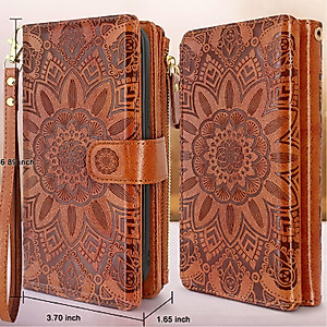 Harryshell Compatible with iPhone 15 Pro Max 6.7 inch 5G 2023 Wallet Case Detachable Removable Phone Cover Zipper Cash Pocket Multi Card Slots Wrist Strap Lanyard (Floral Brown)