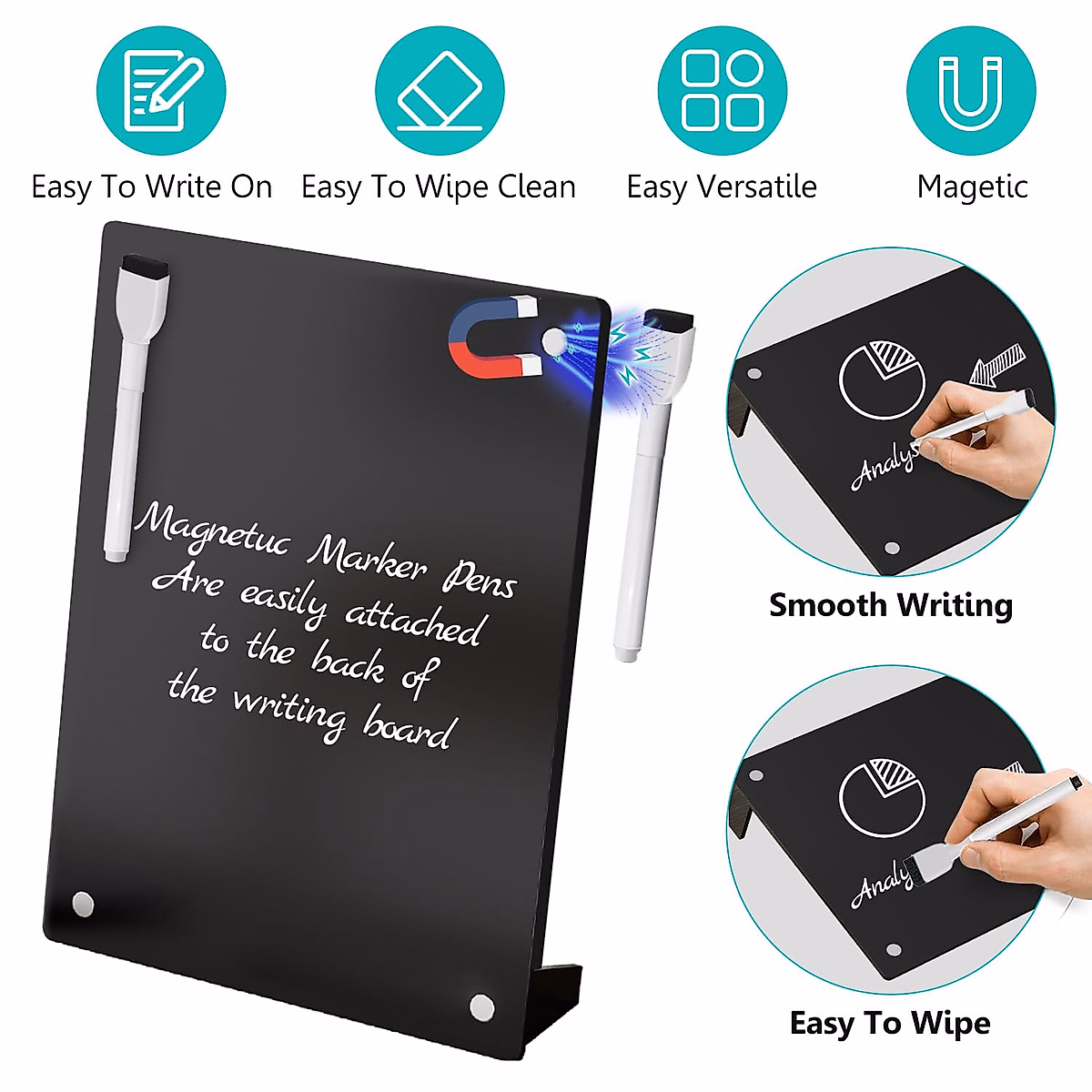 2PCS Black Acrylic Dry Erase Board with Stand for Desk, 16x12 Large Desktop Monthly Whiteboard Magnetic Fridge Calendar Memo Board, Daily Planner Blackboard Easel for Office, School