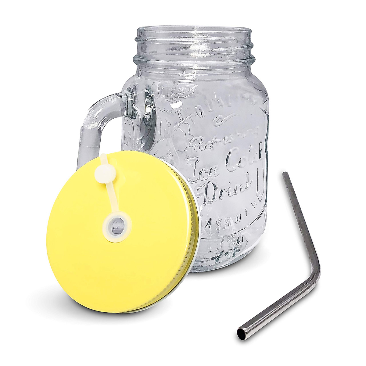 Home Suave mason jars 16 oz with lids, handle & 2 Reusable Stainless Steel Straws, Regular Mouth, Set of 2 (Light Blue & Yellow). Glass cup with lid and straw. Iced coffee cups with lids.