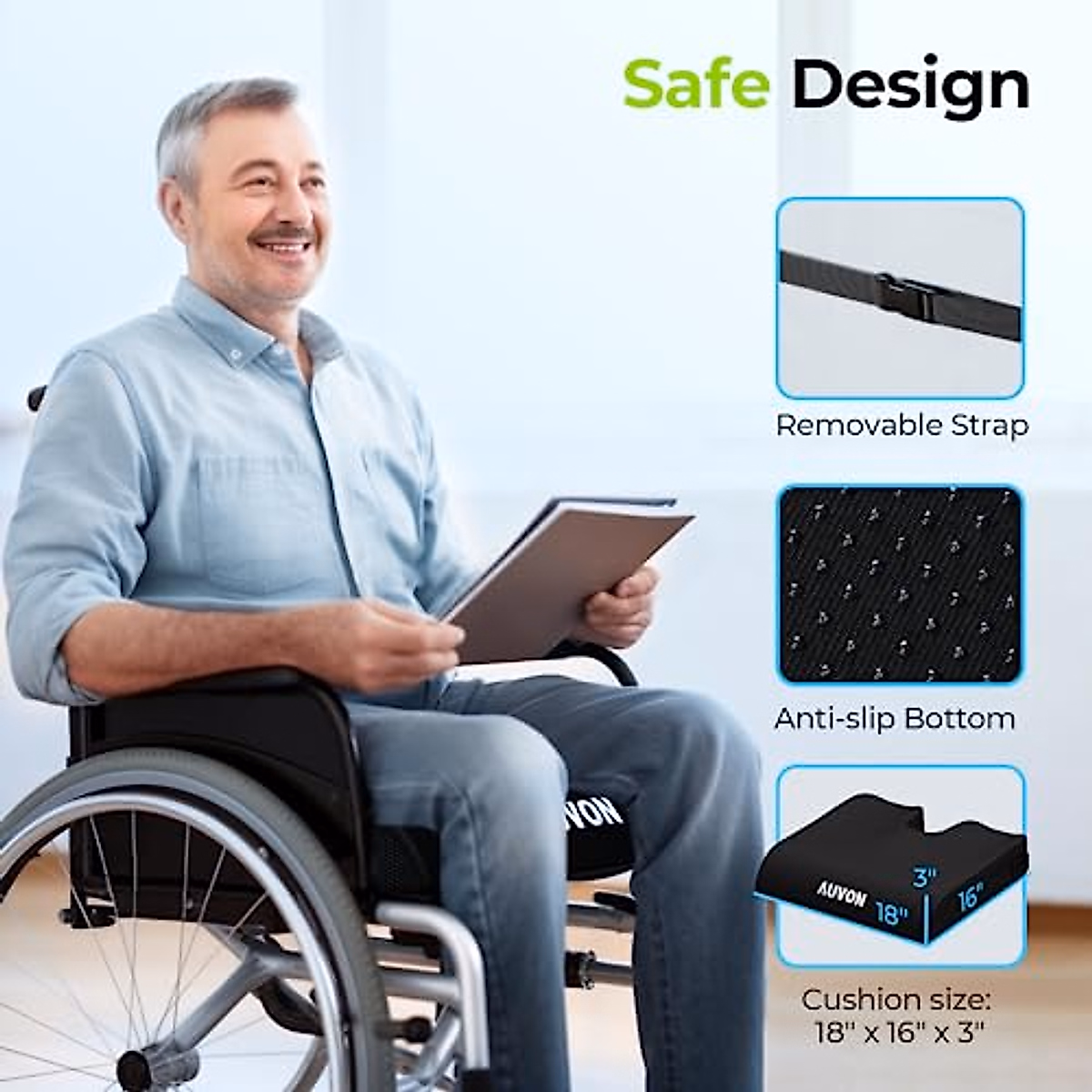 AUVON Gel Wheelchair Seat Cushion, Relieve Sciatica, Back, Coccyx, Pressure Sore and Ulcer Pain, Refreshing & Ergonomic Chair Cushion with Waterproof Silk Fabric, Anti-Slip Cover, Removable Strap