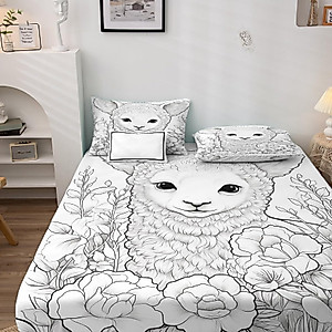 Alpaca Sheets Full Size, Flower Bed Sheets, Patterned Bedding Sheets & Pillowcases 4 Piece Set - Soft Microfiber Deep Pocket Fitted Sheet & Flat Sheet & 2 Pillow Cases L3-&-198