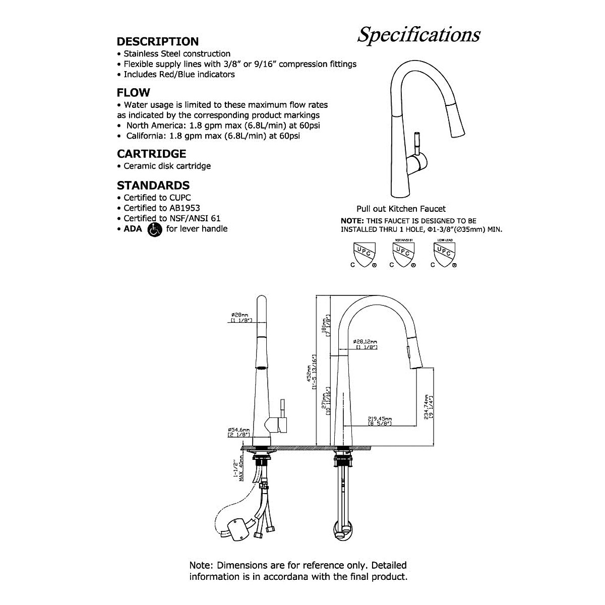 Elegant Slimmed Pull-Out Kitchen Faucet of 18" Height for Island & Laundry Sink with 360° Rotating Spout, Rust-Resistant, Single Lever and Lead-Free (Chrome)