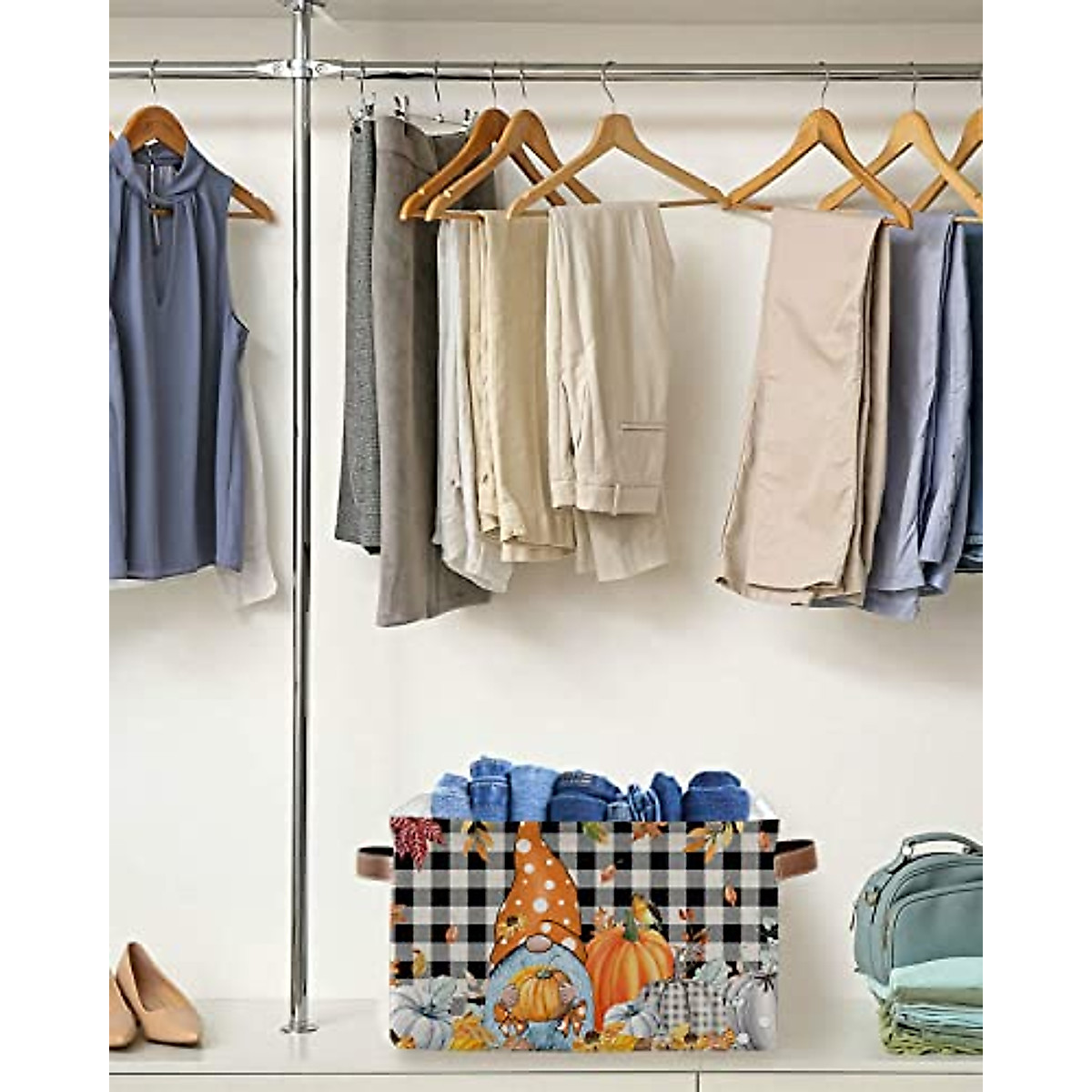 Storage Bin Foldable Storage Basket Pumpkin Gnome Thanksgiving Fall Maple Leaf,Large Storage Bins Handles Storage Baskets for Organizing,Farm Harvest Black Checker Collapsible Storage Cubes Organizer