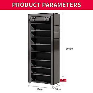 UDEAR 9 Tier Shoe Rack with Dustproof Cover Shoe Shelf Storage Organizer Grey