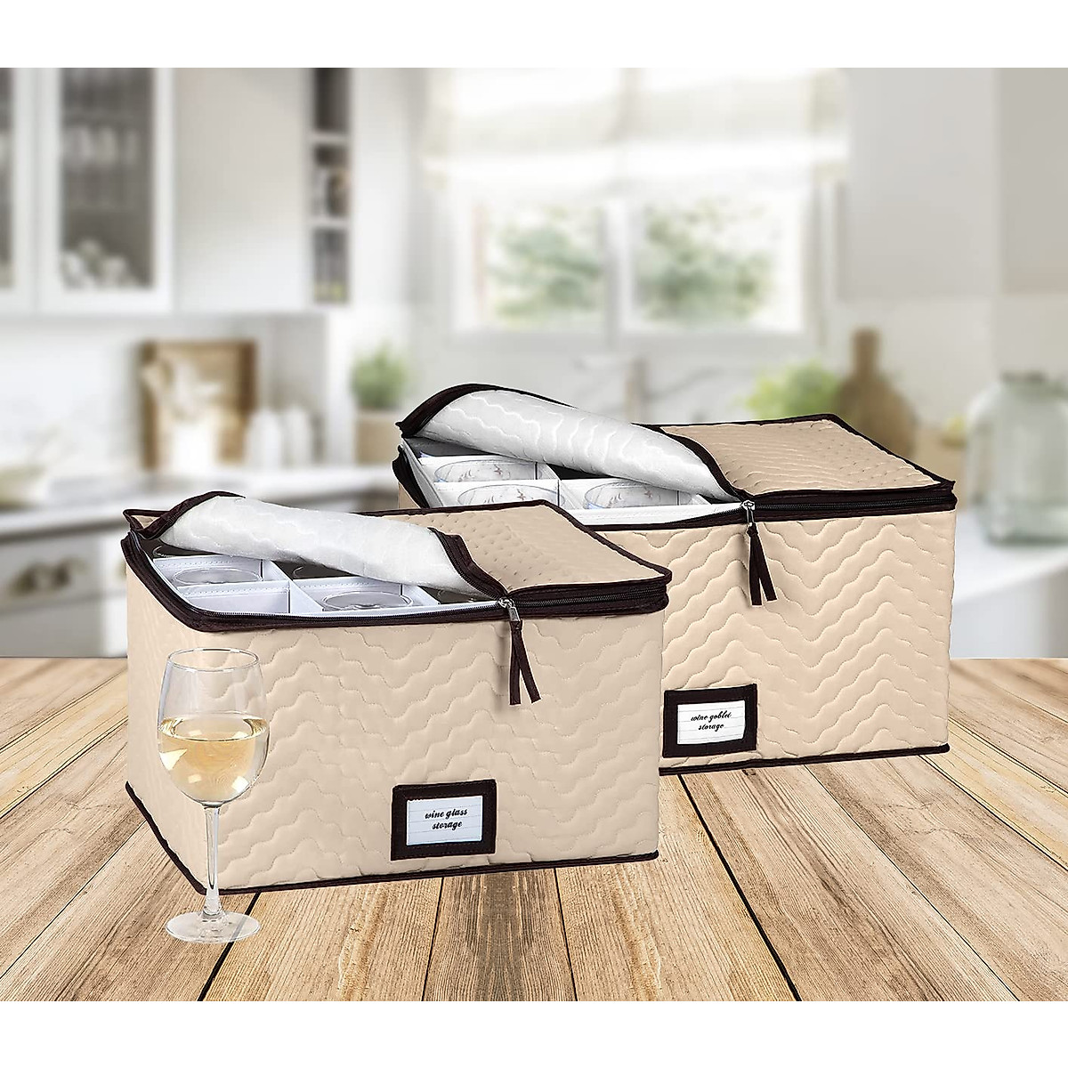 Hold N Storage Pack of 2 Sizes Wine Glass Storage with dividers – Each Holds 12 standard size wine glasses up to 10" H – Stemware Storage Case, Protects Fine China, Durable Quilted Microfiber Bin with