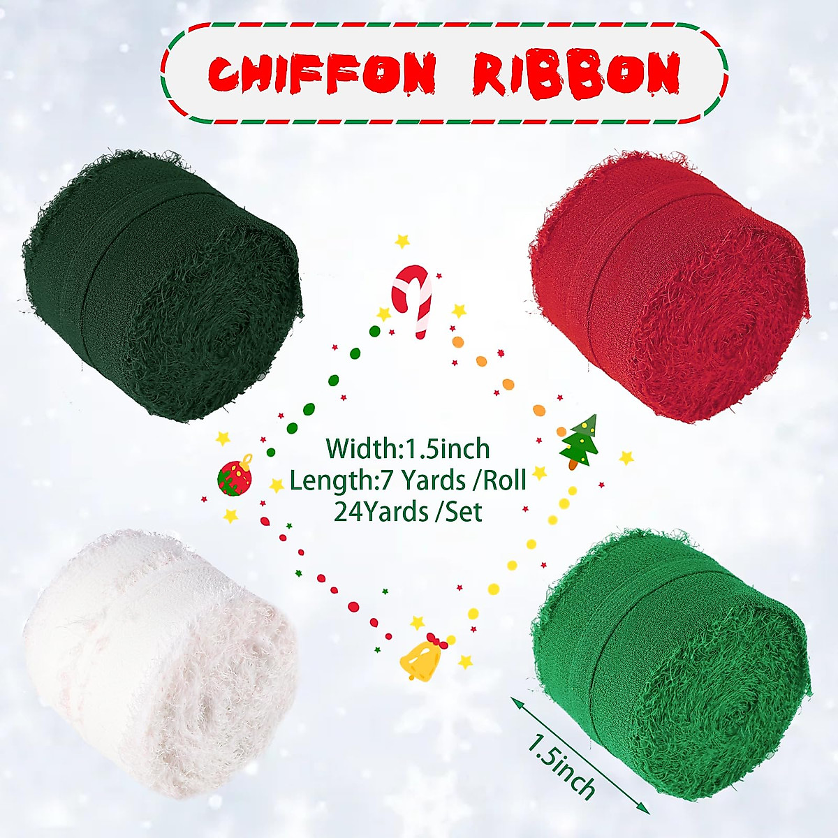 4 Rolls Christmas Ribbons, 1.5" x 32Yds Chiffon Ribbons Handmade Fringe Christmas Chiffon Ribbons for Christmas Gift Wrapping Party DIY Crafts