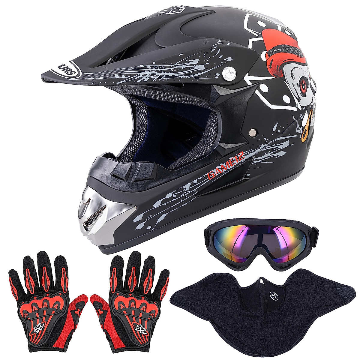 OUMURS Adult Dirt Bike Helmet with Goggles Gloves & Mask Adjustable Sun Visor DOT/FMVSS-218 Motorcycle Adult ATV Helmet Off-Road Motocross Downhill Moped MX for Unisex-Adult-New Black Skull, L