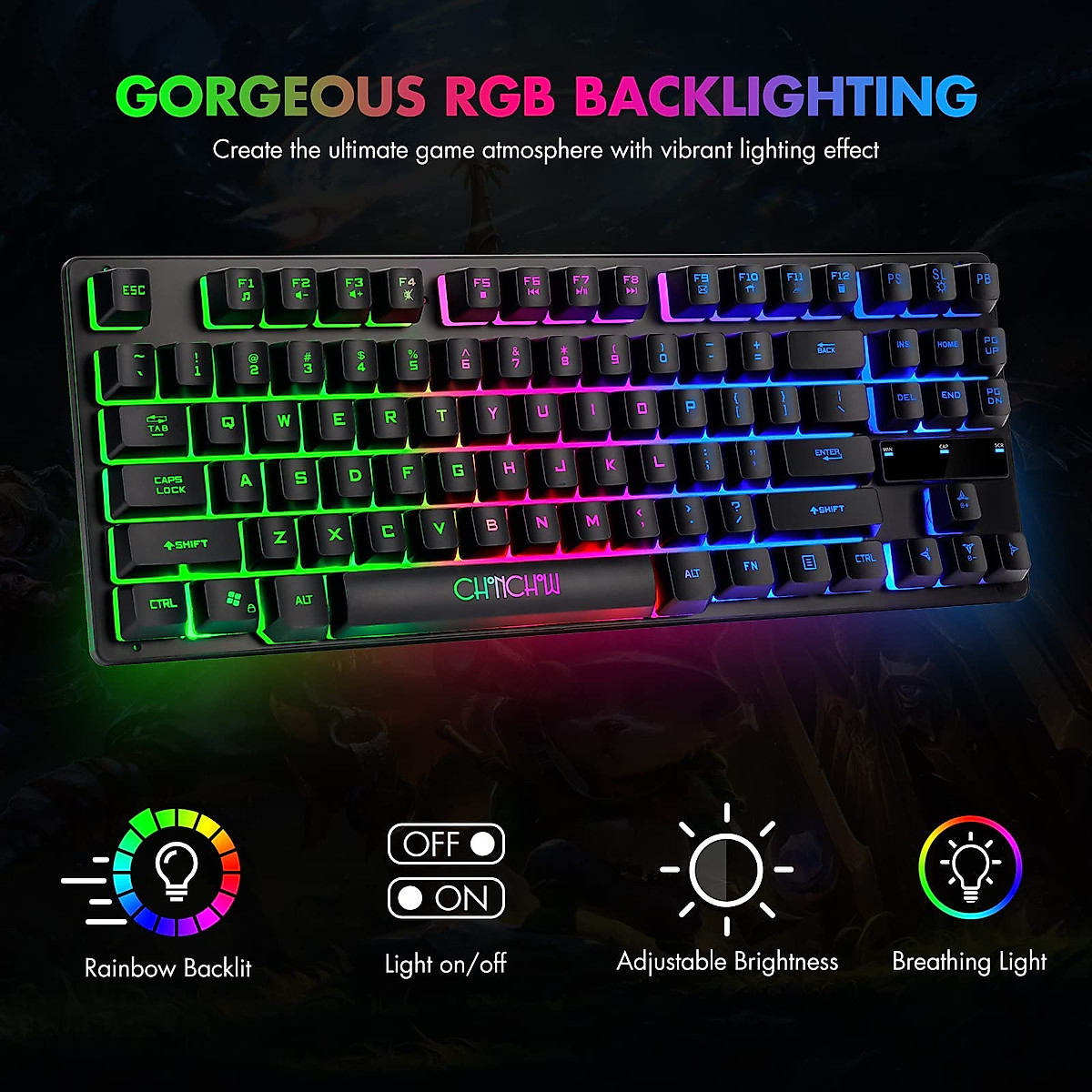 CHONCHOW White Rainbow LED , USB Wired Small Compact White Gaming Keyboard with Rainbow Backlight, 87-Key Mechanical Feeling for PC Laptop Xbox PS4 PS5