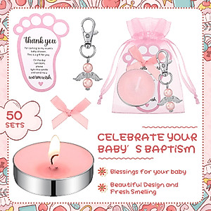 Landical 50 Sets Baby Shower Favors for Guests Including 50 Unscented Tealight Baby Shower Candles 50 Angel Keychains 50 Gift Bags 50 Baby Shower Cards for Baby Shower Gender Reveal Party(Pink)