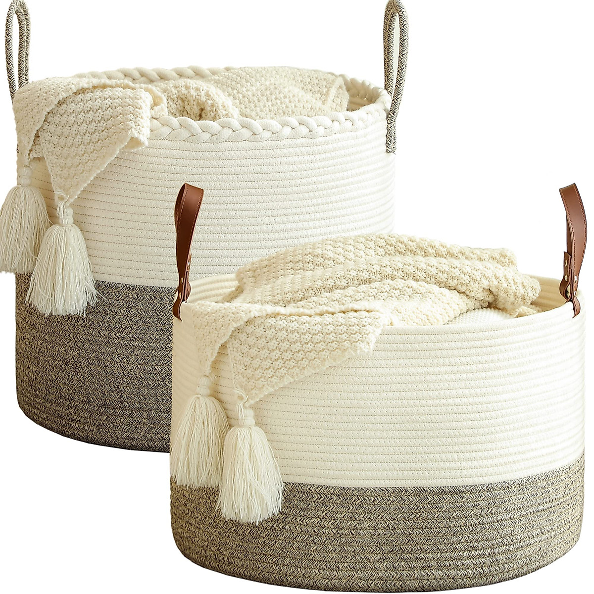 KAKAMAY Large Cotton Rope Blanket Basket (20"x13"),Woven Baby Laundry Hamper，Blanket Basket for Nursery, Laundry, Living Room, Pillows, Toys with Handles （White/Beige）