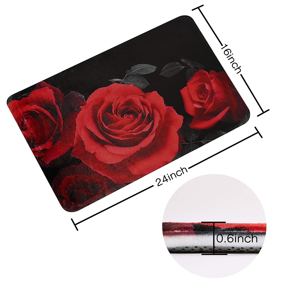 LIVILAN Black Bath Mat, Flower Bathroom Rugs, Red Bath Rugs, 24''X16'', Super Soft and Absorbent Shaggy Plush Red Rose Bath Rugs, Memory Foam Non-Slip.