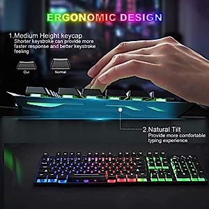 Wireless Gaming Keyboard and Mouse Combo with Rainbow LED Backlit Rechargeable 3800mAh Battery Mechanical Feel,7 Color Gaming Mouse,Mouse Pad for Windows PC Gamers(Black)