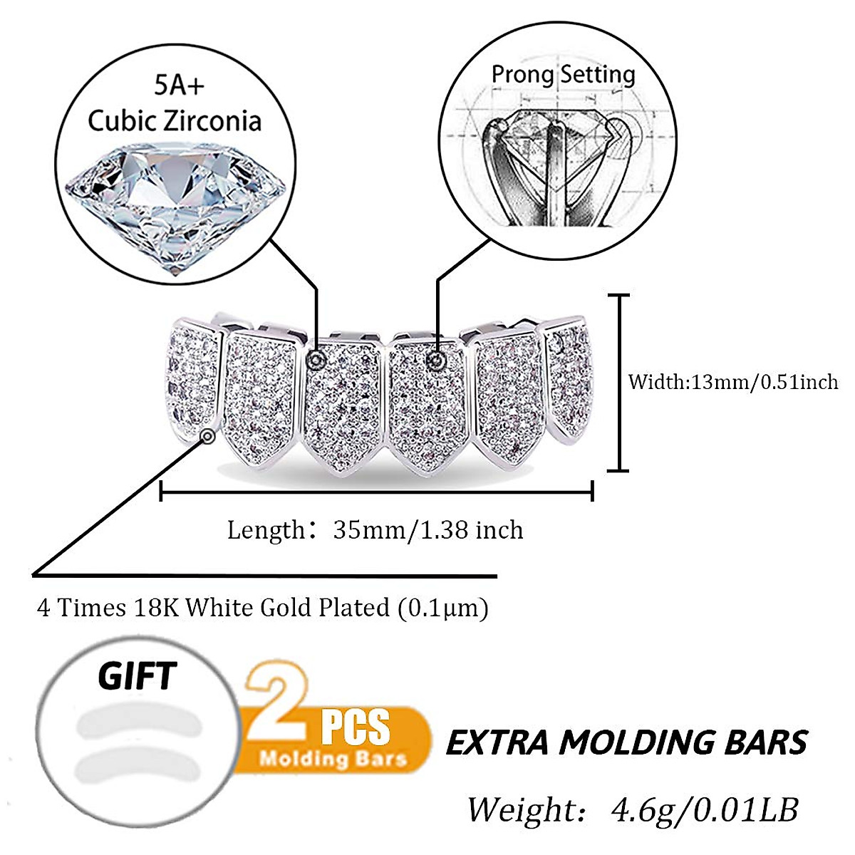 TOPGRILLZ Bottom Grills for Your Teeth Vampire Teeth Gold Diamond Grillz Teeth Iced out 18K Gold Plated Hip Hop Rapper Costume Extra Molding Bars(Silver 6 Teeth Bottom)