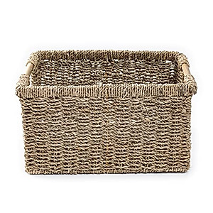 Teri Tale Seagrass Storage Baskets with Wooden Handles, Rectangular Wicker Baskets for Organizing - Decorative Wicker Storage Basket for Living Room (Large)